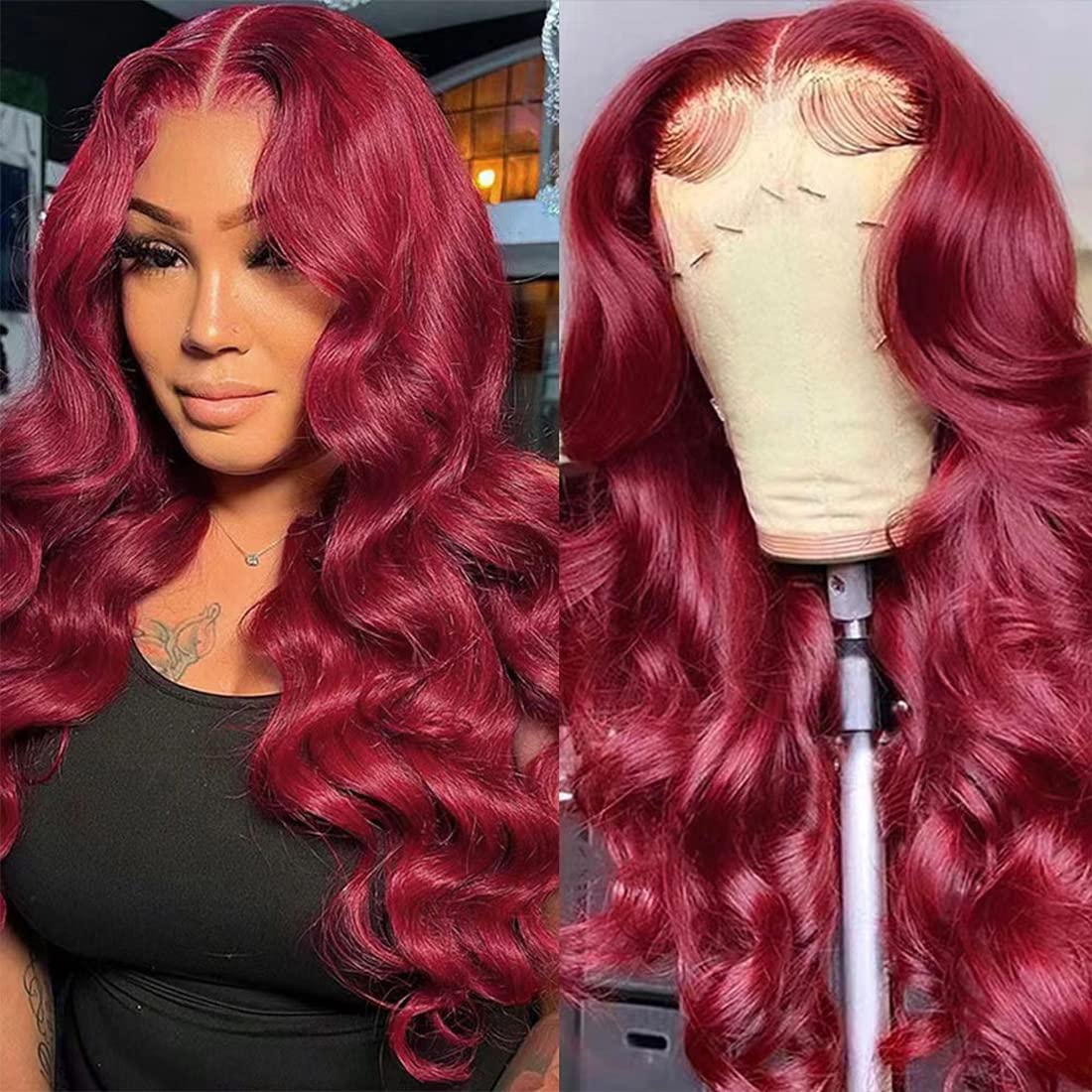 13x4 Lace #99J Burgundy Red Body Wave Glueless Lace Front Human Hair ...