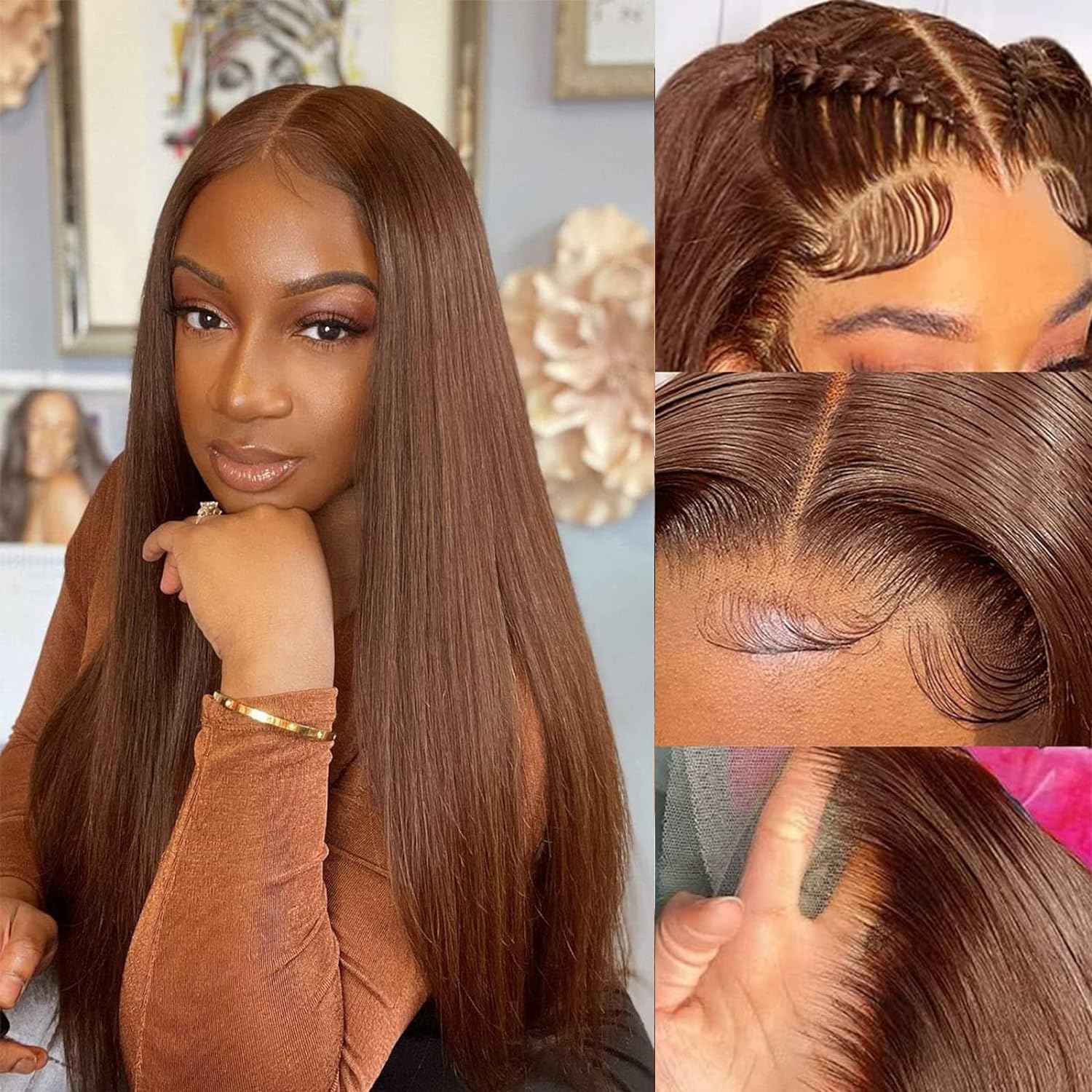 13x4 Straight #4 Chestnut Brown Color Lace Front Glueless Wig Human ...